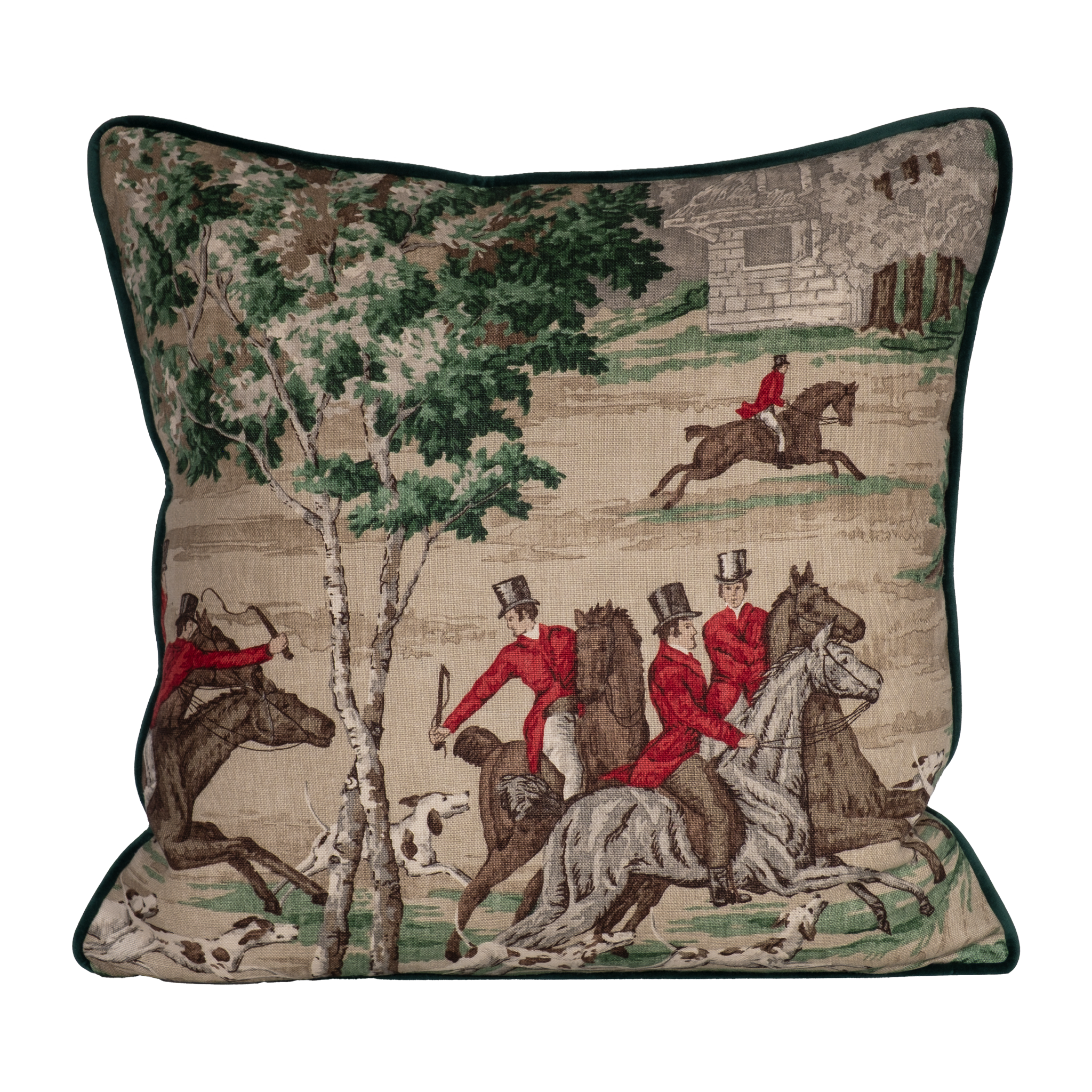 A Tally Ho Green Cushion Depicting A Classic Hunt - Becky Lee