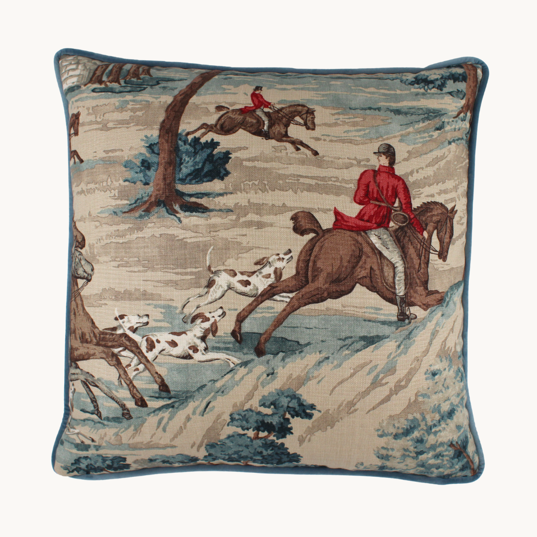 This Blue Tally Ho Cushion Depicts A Traditional Hunt - Becky Lee